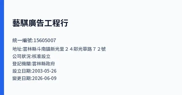 藝騏廣告工程行的照片-統編 15605007(雲林縣) 公司登記資料與營業項目詳細圖表