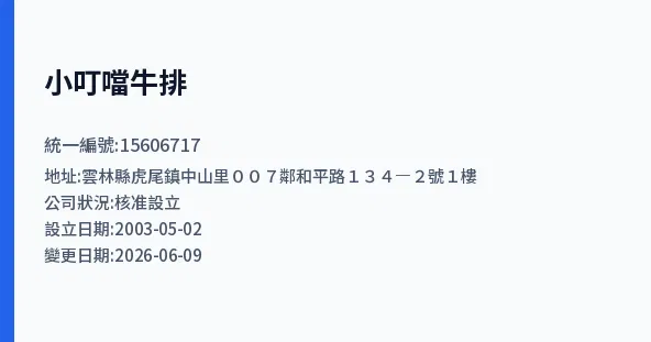 小叮噹牛排的照片-統編 15606717(雲林縣) 公司登記資料與營業項目詳細圖表
