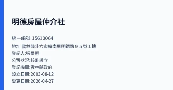 明德房屋仲介社的照片-統編 15610064(雲林縣) 公司登記資料與營業項目詳細圖表