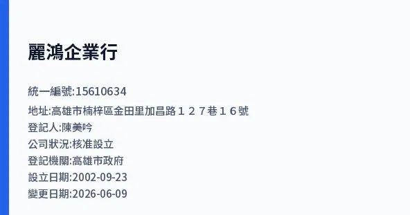 麗鴻企業行的照片-統編 15610634(高雄市) 公司登記資料與營業項目詳細圖表