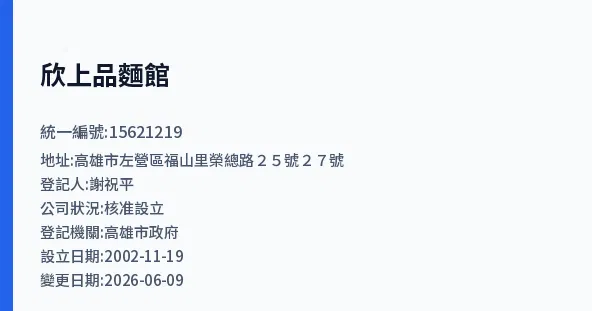 欣上品麵館的照片-統編 15621219(高雄市) 公司登記資料與營業項目詳細圖表
