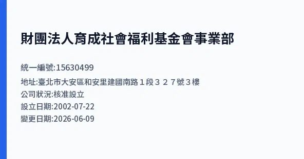 財團法人育成社會福利基金會事業部的照片-統編 15630499(臺北市) 公司登記資料與營業項目詳細圖表
