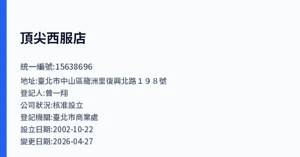 頂尖西服店的照片-統編 15638696(臺北市) 公司登記資料與營業項目詳細圖表