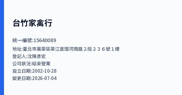 台竹家禽行的照片-統編 15640089(臺北市) 公司登記資料與營業項目詳細圖表