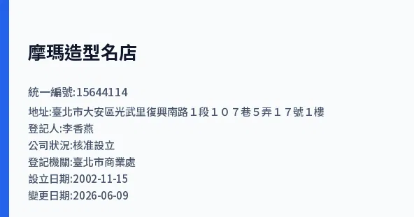摩瑪造型名店的照片-統編 15644114(臺北市) 公司登記資料與營業項目詳細圖表