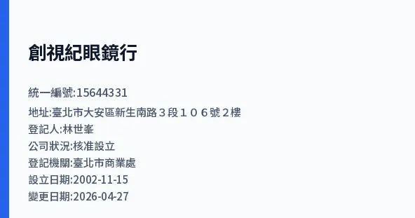 創視紀眼鏡行的照片-統編 15644331(臺北市) 公司登記資料與營業項目詳細圖表