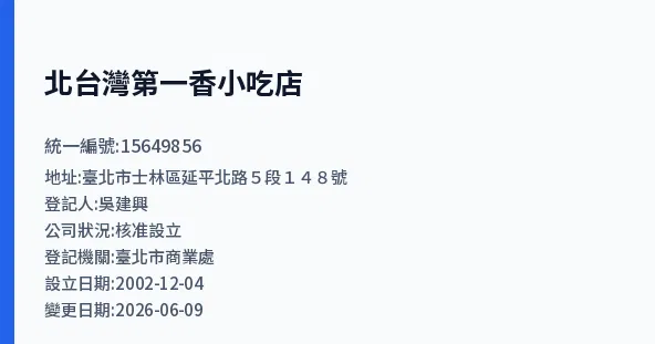 北台灣第一香小吃店的照片-統編 15649856(臺北市) 公司登記資料與營業項目詳細圖表