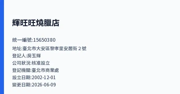 輝旺旺燒臘店的照片-統編 15650380(臺北市) 公司登記資料與營業項目詳細圖表