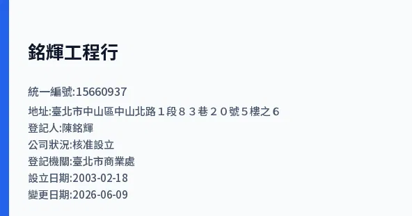 銘輝工程行的照片-統編 15660937(臺北市) 公司登記資料與營業項目詳細圖表