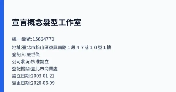 宣言概念髮型工作室的照片-統編 15664770(臺北市) 公司登記資料與營業項目詳細圖表