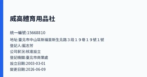 威高體育用品社的照片-統編 15668810(臺北市) 公司登記資料與營業項目詳細圖表
