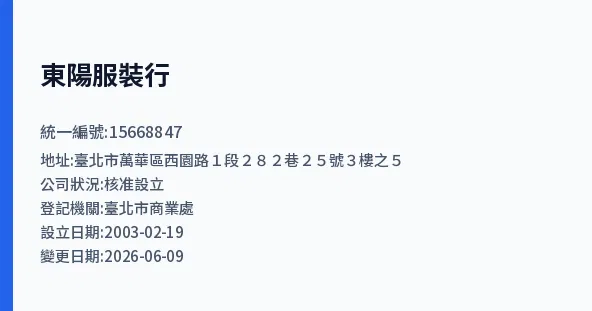 東陽服裝行的照片-統編 15668847(臺北市) 公司登記資料與營業項目詳細圖表