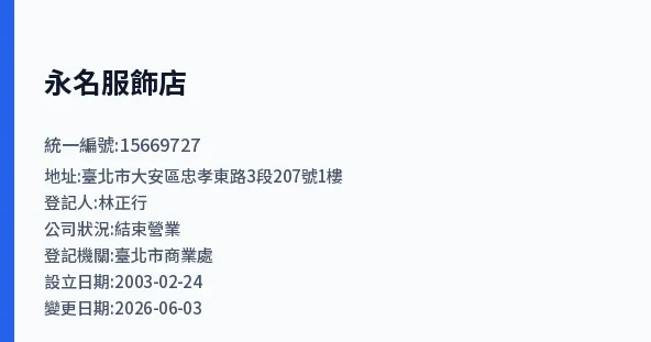 永名服飾店的照片-統編 15669727(臺北市) 公司登記資料與營業項目詳細圖表