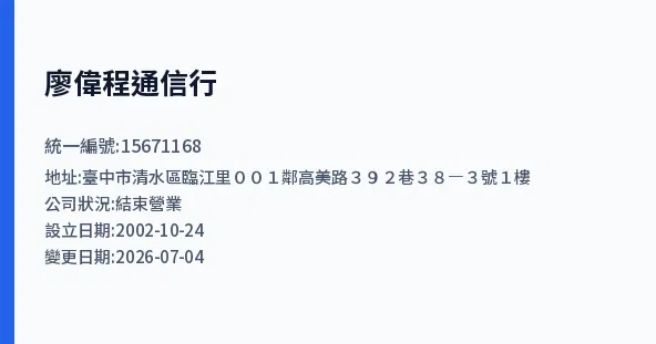 廖偉程通信行的照片-統編 15671168(臺中市) 公司登記資料與營業項目詳細圖表
