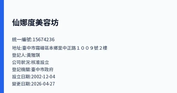 仙娜度美容坊的照片-統編 15674236(臺中市) 公司登記資料與營業項目詳細圖表