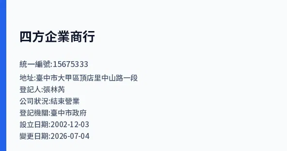 四方企業商行的照片-統編 15675333(臺中市) 公司登記資料與營業項目詳細圖表