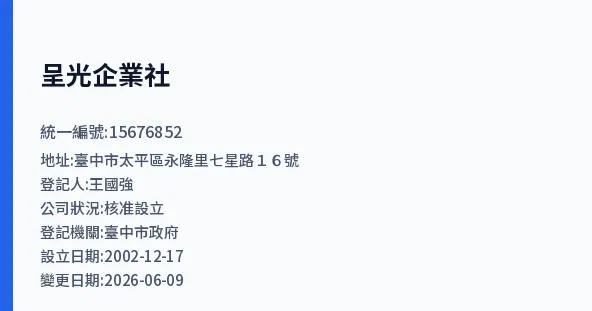 呈光企業社的照片-統編 15676852(臺中市) 公司登記資料與營業項目詳細圖表
