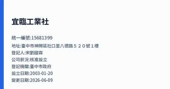 宜臨工業社的照片-統編 15681399(臺中市) 公司登記資料與營業項目詳細圖表