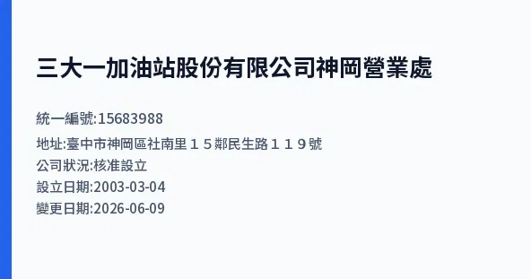 三大一加油站股份有限公司神岡營業處的照片-統編 15683988(臺中市) 公司登記資料與營業項目詳細圖表