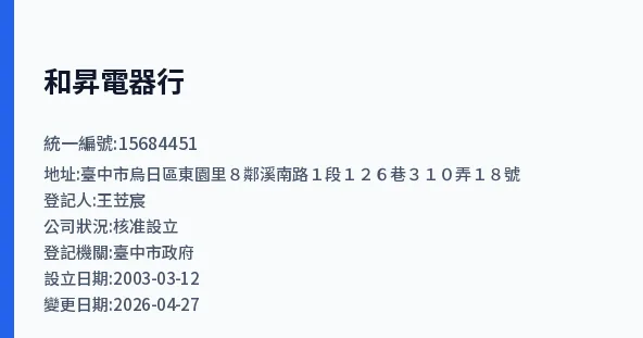 和昇電器行的照片-統編 15684451(臺中市) 公司登記資料與營業項目詳細圖表