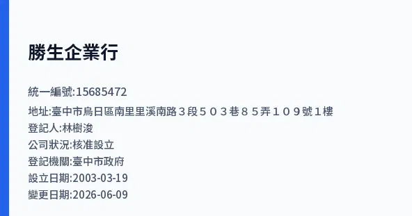 勝生企業行的照片-統編 15685472(臺中市) 公司登記資料與營業項目詳細圖表