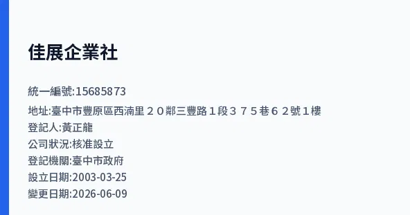 佳展企業社的照片-統編 15685873(臺中市) 公司登記資料與營業項目詳細圖表