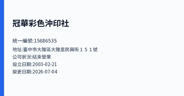 冠華彩色沖印社的照片-統編 15686535(臺中市) 公司登記資料與營業項目詳細圖表