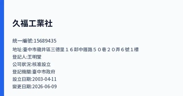 久福工業社的照片-統編 15689435(臺中市) 公司登記資料與營業項目詳細圖表