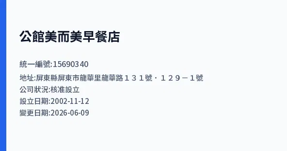 公館美而美早餐店的照片-統編 15690340(屏東縣) 公司登記資料與營業項目詳細圖表