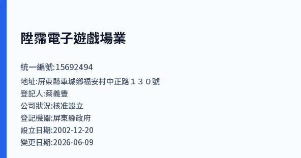 陞霈電子遊戲場業的照片-統編 15692494(屏東縣) 公司登記資料與營業項目詳細圖表