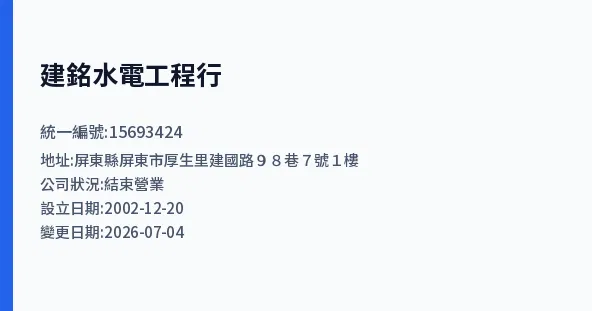 建銘水電工程行的照片-統編 15693424(屏東縣) 公司登記資料與營業項目詳細圖表