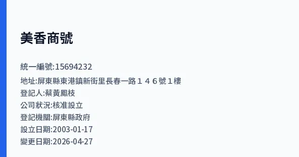美香商號的照片-統編 15694232(屏東縣) 公司登記資料與營業項目詳細圖表