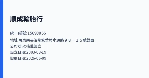 順成輪胎行的照片-統編 15698856(屏東縣) 公司登記資料與營業項目詳細圖表