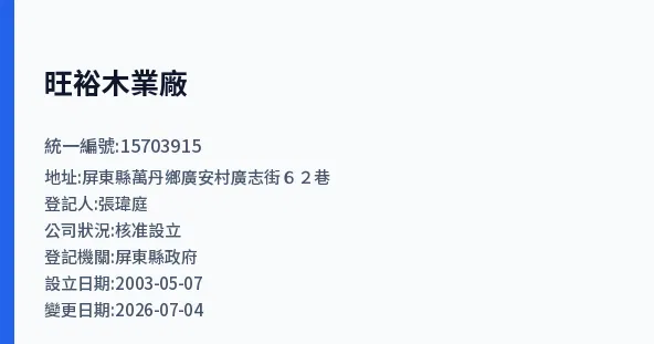 旺裕木業廠的照片-統編 15703915(屏東縣) 公司登記資料與營業項目詳細圖表