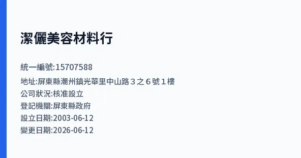 潔儷美容材料行的照片-統編 15707588(屏東縣) 公司登記資料與營業項目詳細圖表