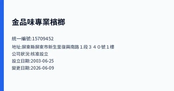 金品味專業檳榔的照片-統編 15709452(屏東縣) 公司登記資料與營業項目詳細圖表