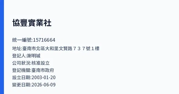 協豐實業社的照片-統編 15716664(臺南市) 公司登記資料與營業項目詳細圖表