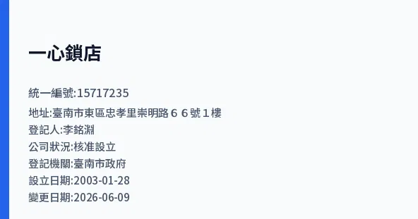 一心鎖店的照片-統編 15717235(臺南市) 公司登記資料與營業項目詳細圖表