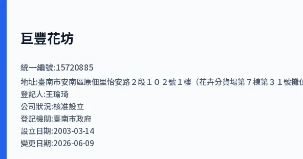 巨豐花坊的照片-統編 15720885(臺南市) 公司登記資料與營業項目詳細圖表