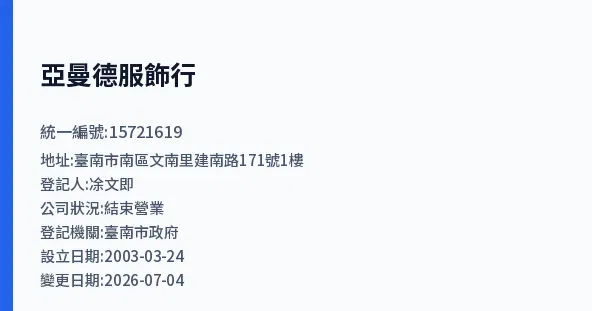 亞曼德服飾行的照片-統編 15721619(臺南市) 公司登記資料與營業項目詳細圖表