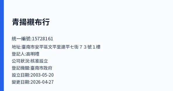 青揚襯布行的照片-統編 15728161(臺南市) 公司登記資料與營業項目詳細圖表
