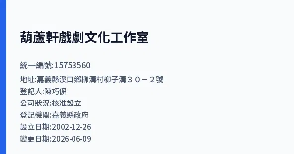 葫蘆軒戲劇文化工作室的照片-統編 15753560(嘉義縣) 公司登記資料與營業項目詳細圖表