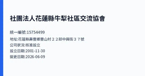 社團法人花蓮縣牛犁社區交流協會的照片-統編 15754499(花蓮縣) 公司登記資料與營業項目詳細圖表