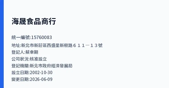 海晟食品商行的照片-統編 15760083(新北市) 公司登記資料與營業項目詳細圖表