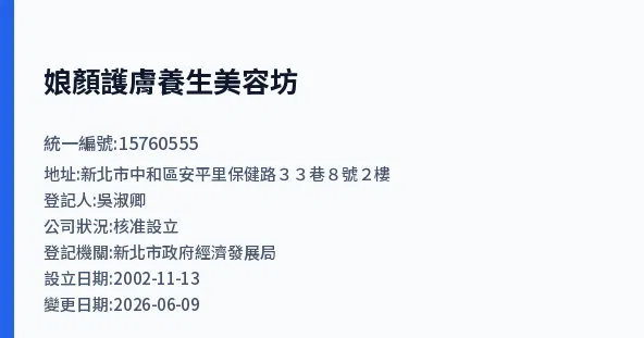 娘顏護膚養生美容坊的照片-統編 15760555(新北市) 公司登記資料與營業項目詳細圖表