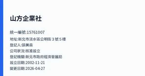 山方企業社的照片-統編 15761007(新北市) 公司登記資料與營業項目詳細圖表