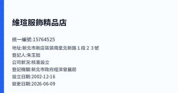 維瑄服飾精品店的照片-統編 15764525(新北市) 公司登記資料與營業項目詳細圖表