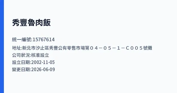 秀豐魯肉飯的照片-統編 15767614(新北市) 公司登記資料與營業項目詳細圖表