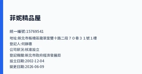 菲妮精品屋的照片-統編 15769541(新北市) 公司登記資料與營業項目詳細圖表
