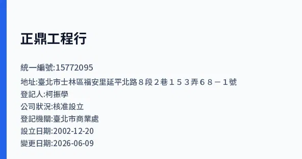 正鼎工程行的照片-統編 15772095(臺北市) 公司登記資料與營業項目詳細圖表